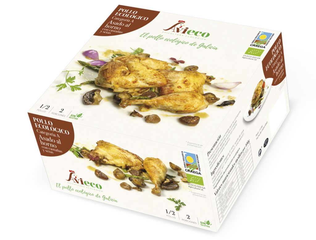Pollo ecológico asado al horno con castañas y setas - Avieco